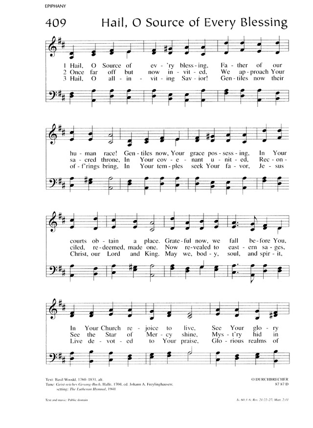 Lutheran Service Book 409. Hail, O Source of ev'ry blessing | Hymnary.org